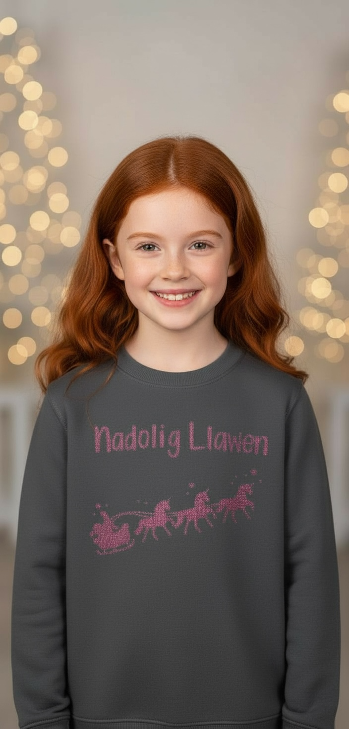 Unicorn on charcoal Welsh child Christmas jumper-ready made – Pwyth Pistyll